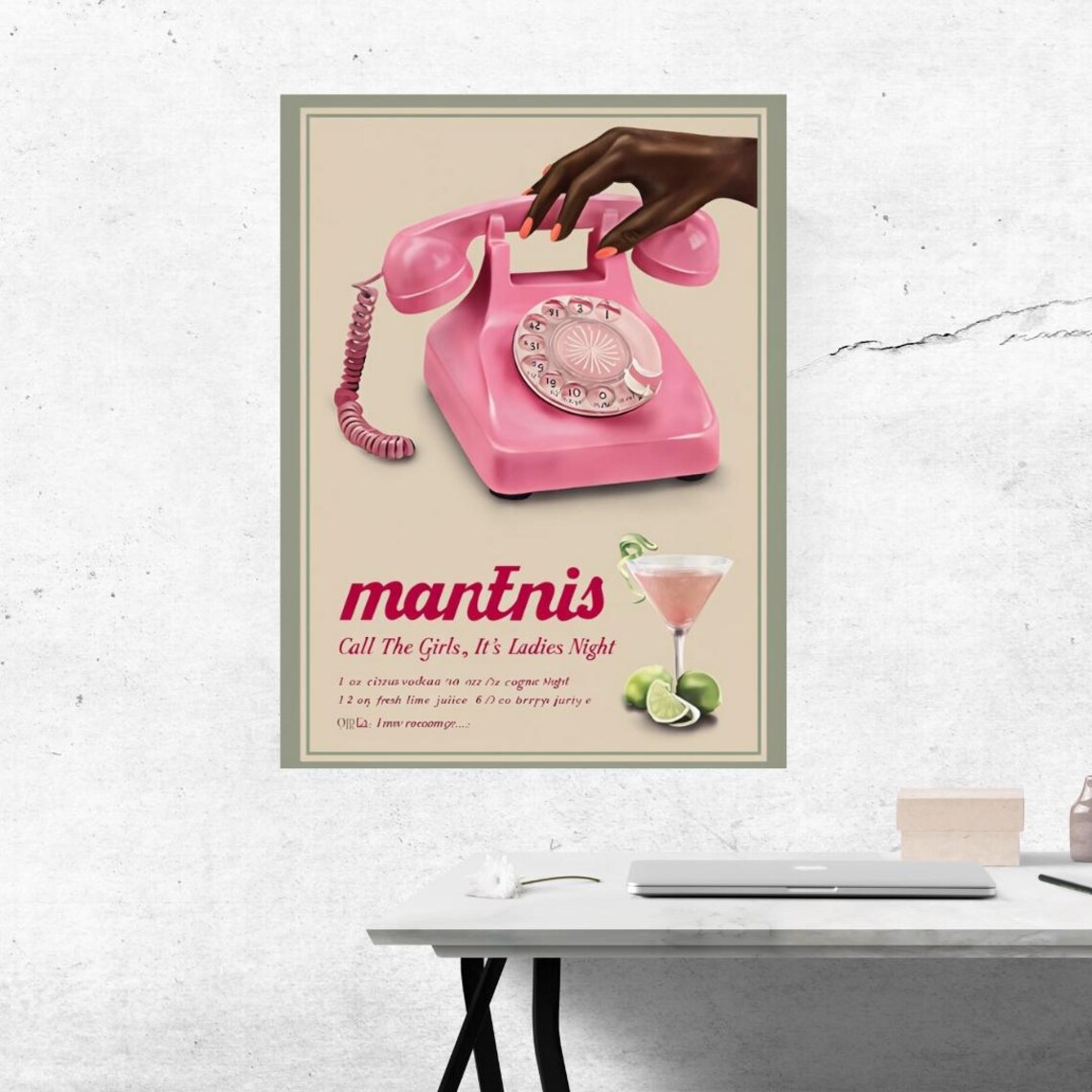 Retro Pink Rotary Phone Hand Print | Vintage Rotary Phone Art | Pink ...