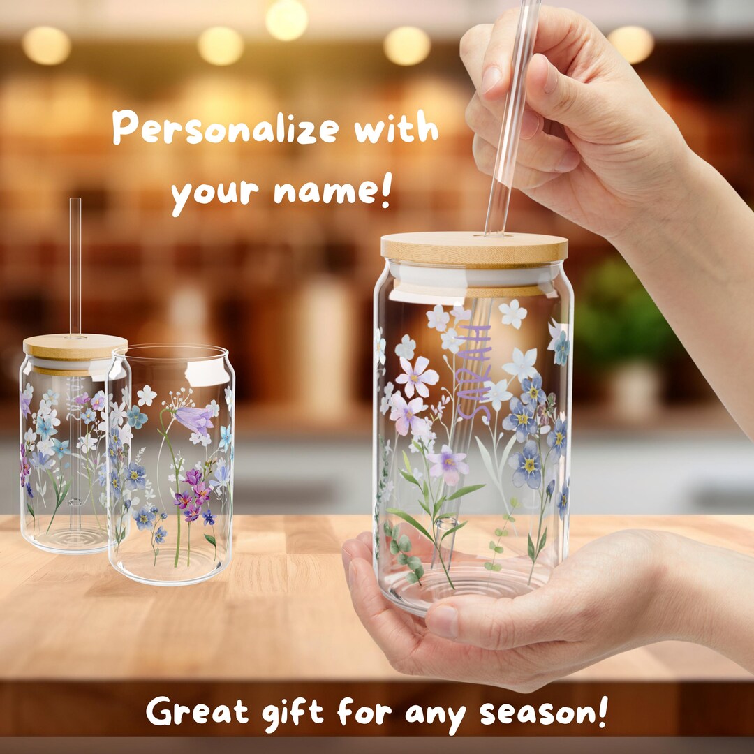 Watercolor Wildflowers Glass Sipper - Floral Tumbler, Flower Drinking ...