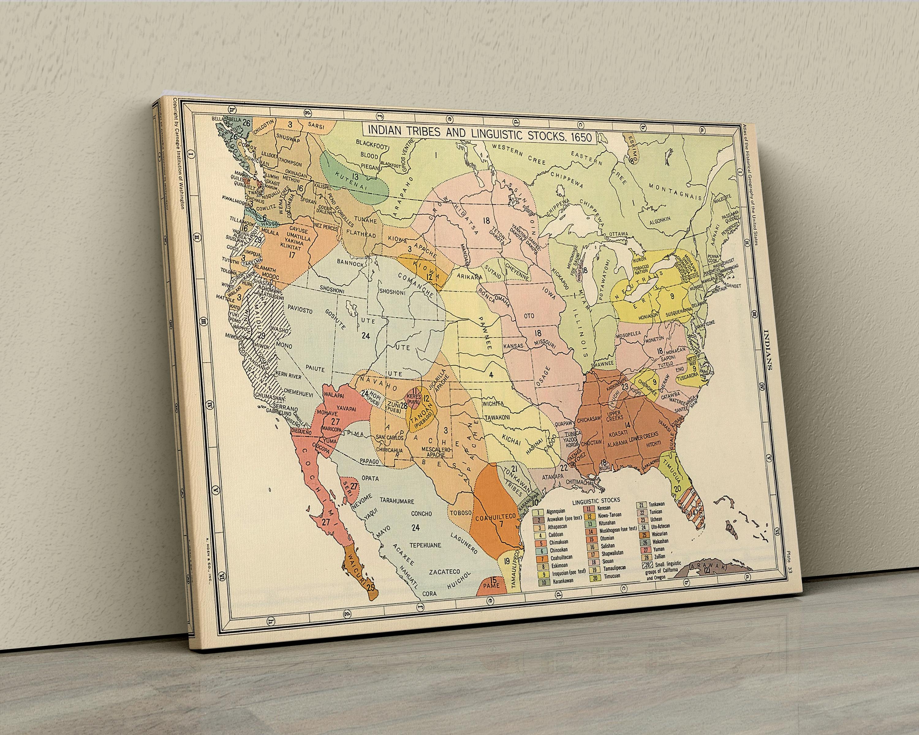 Historical American Indian Tribes Map Canvas, Territory as in 1650 and ...