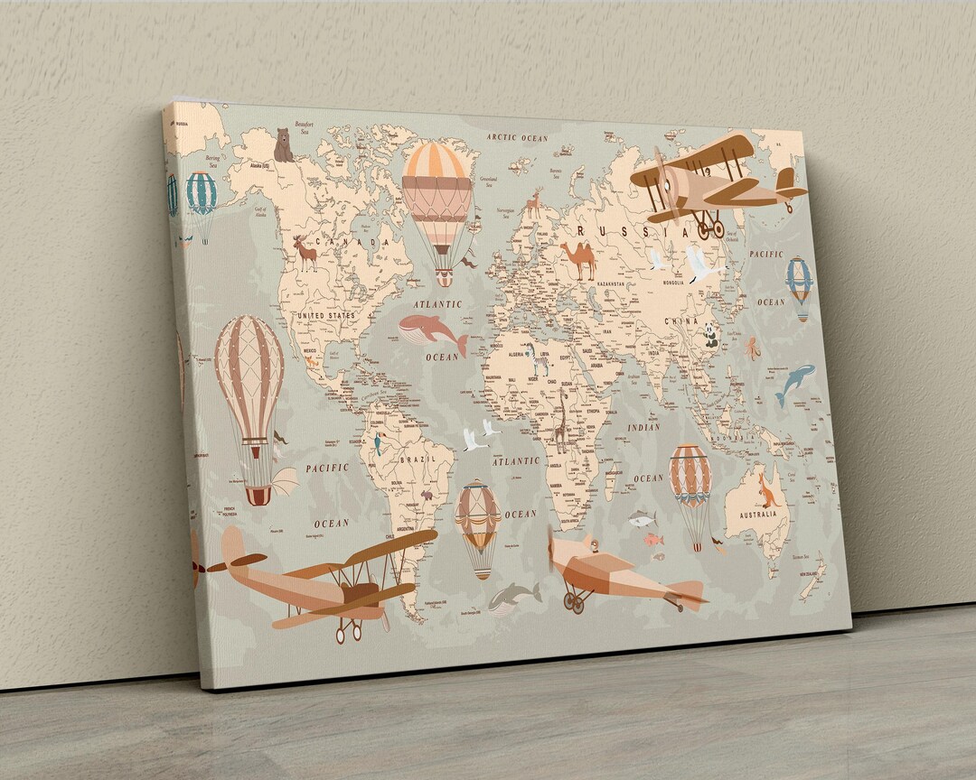 Vintage Travel World Map Canvas Poster for Kids, Hot Air Balloon and ...