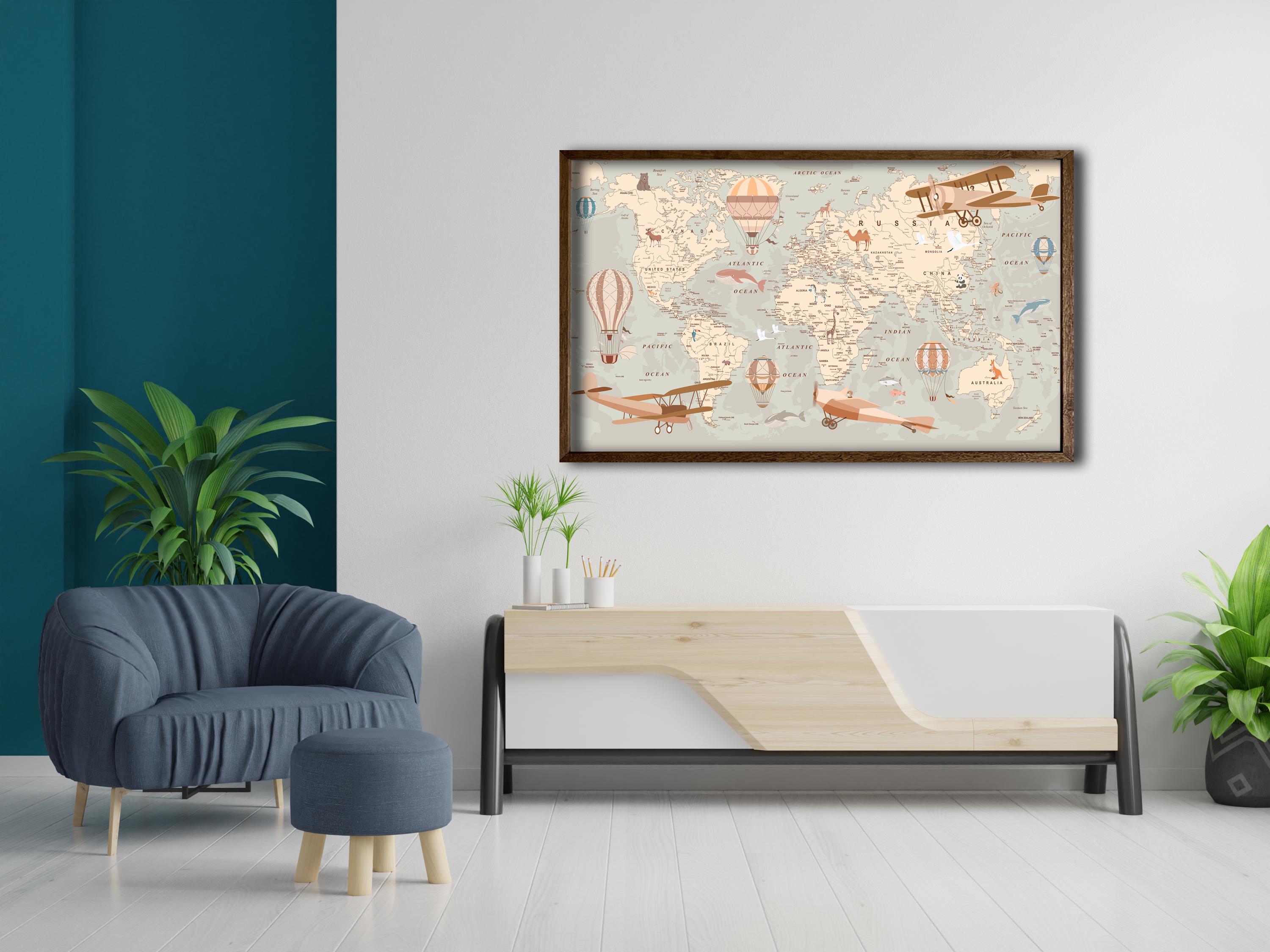 Vintage Travel World Map Canvas Poster for Kids, Hot Air Balloon and ...