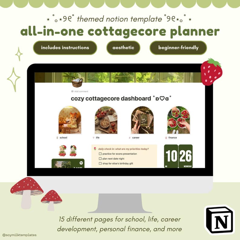 Cottagecore All-in-one Notion Planner 2025: Cozy Template for School / Academic Life, Journal ...