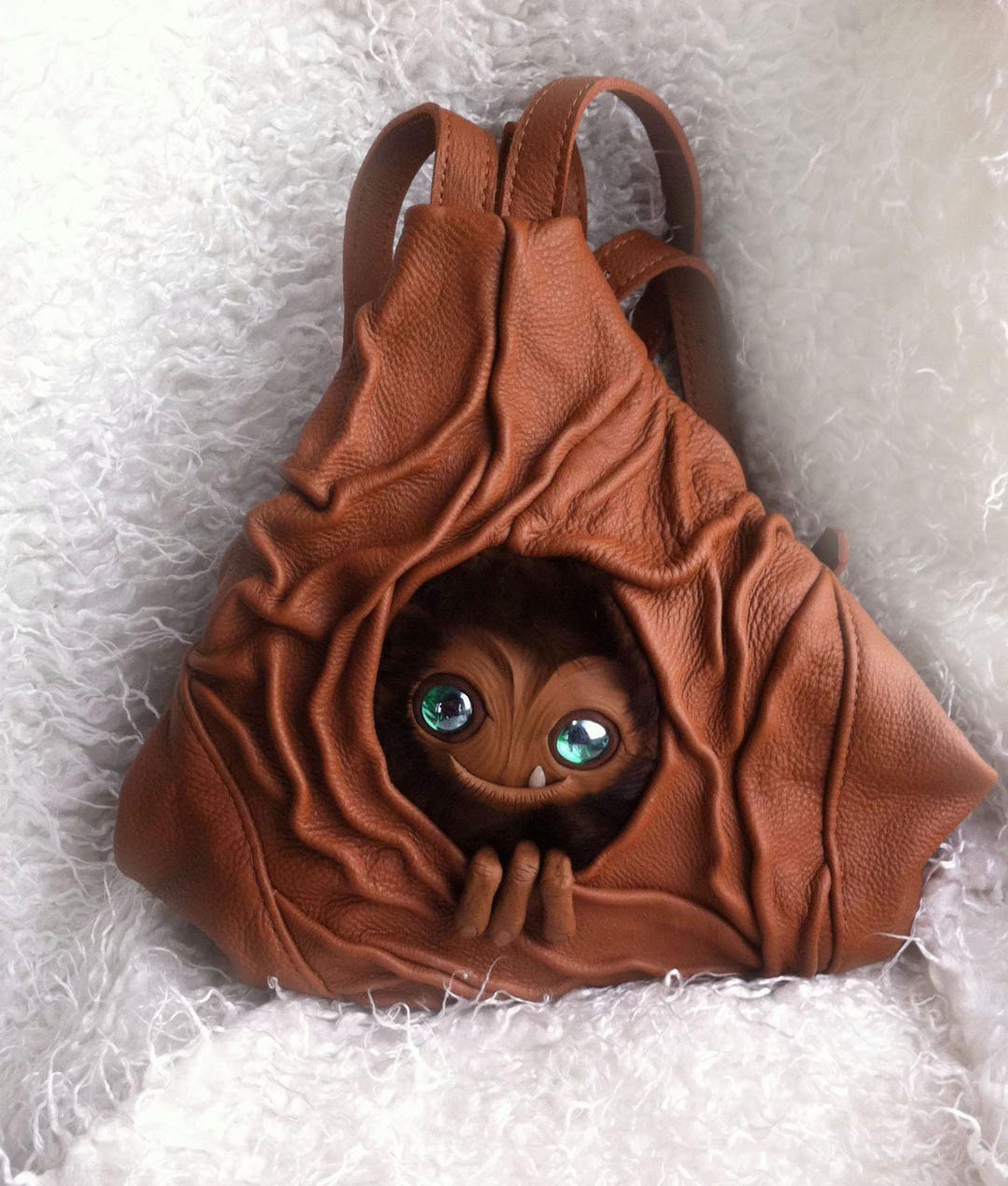 Genuine Leather Creature Backpack: Handmade Polymer Clay Face - Etsy