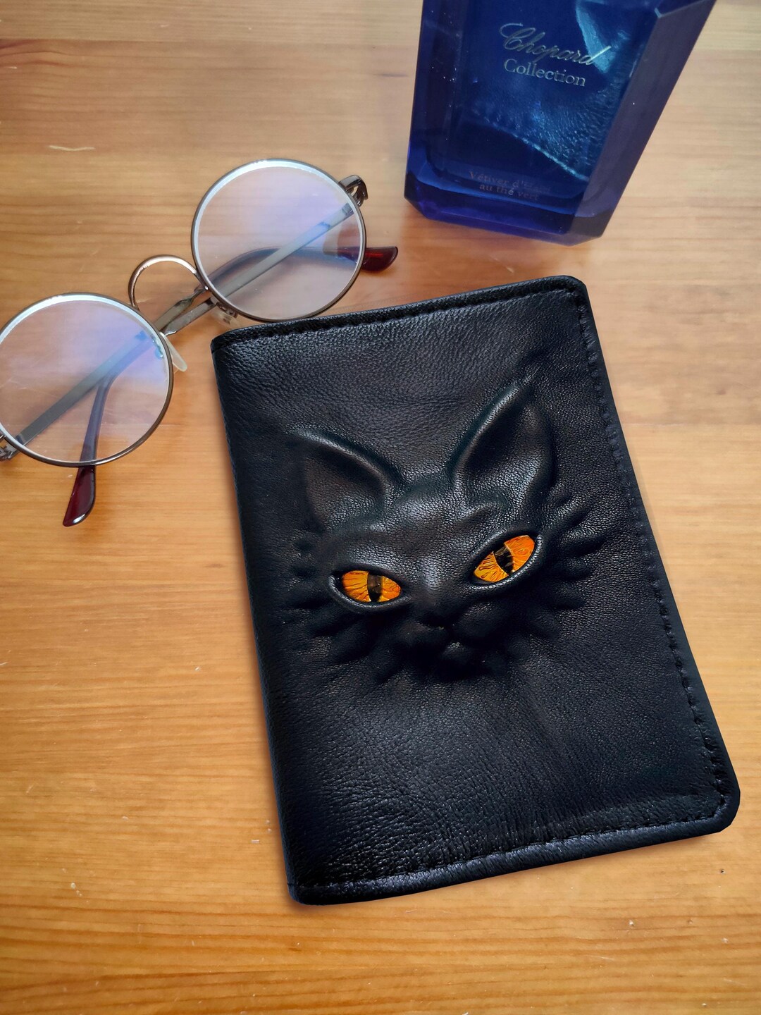Relief Black Cat Passport Cover Genuine Leather for Documents ...