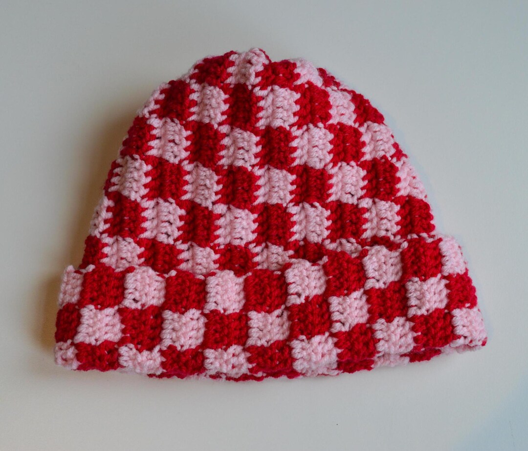 Checkerboard Crochet Hat/beanie Pink Handmade Gifts - Etsy