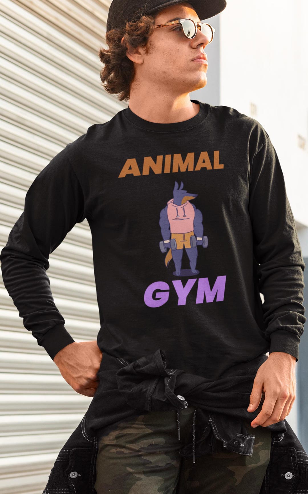 Dog Design Long Sleeve Gym T-shirt, Muscular Doberman, Animal Fashion ...