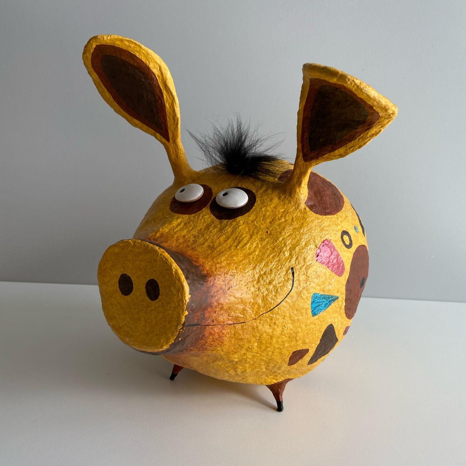 Pig Figurine, Paper Mache Piggy Bank, Pig Statuette, Money Box, Coin ...