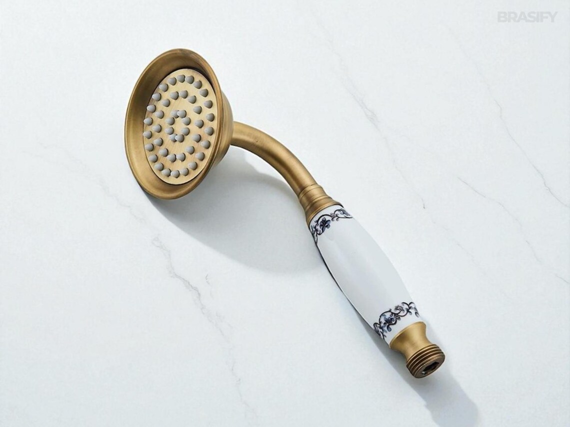 Antique Brass Handheld Shower – Ceramic Handle, 150cm Hose Wall Bracket ...
