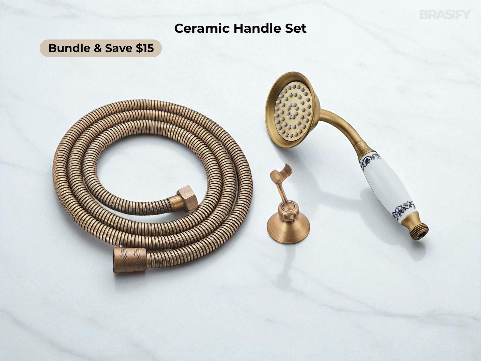 Antique Brass Handheld Shower – Ceramic Handle, 150cm Hose Wall Bracket ...