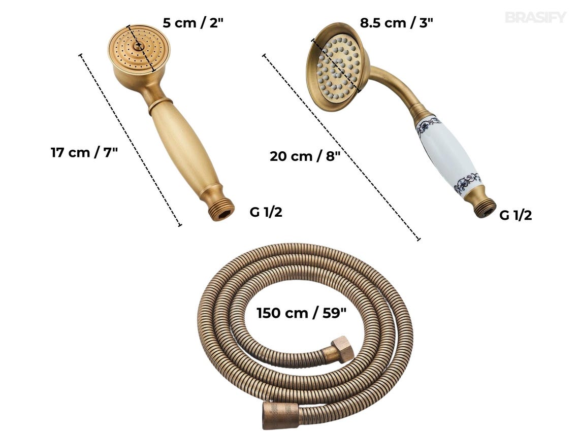 Antique Brass Handheld Shower – Ceramic Handle, 150cm Hose Wall Bracket ...