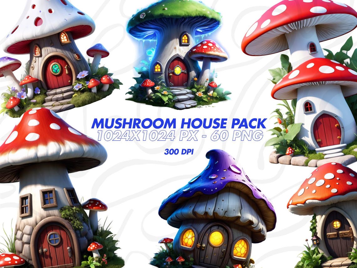 Mushroom Fairy Houses Clipart - 60 PNG Enchanting House Graphics, Fairy ...