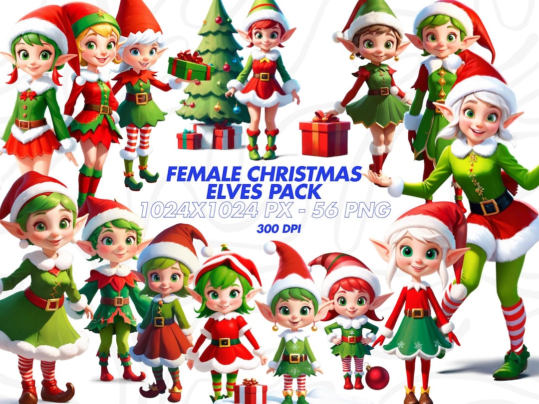 Female Christmas Elves Clipart Bundle PNG – Festive Holiday Elf Designs ...