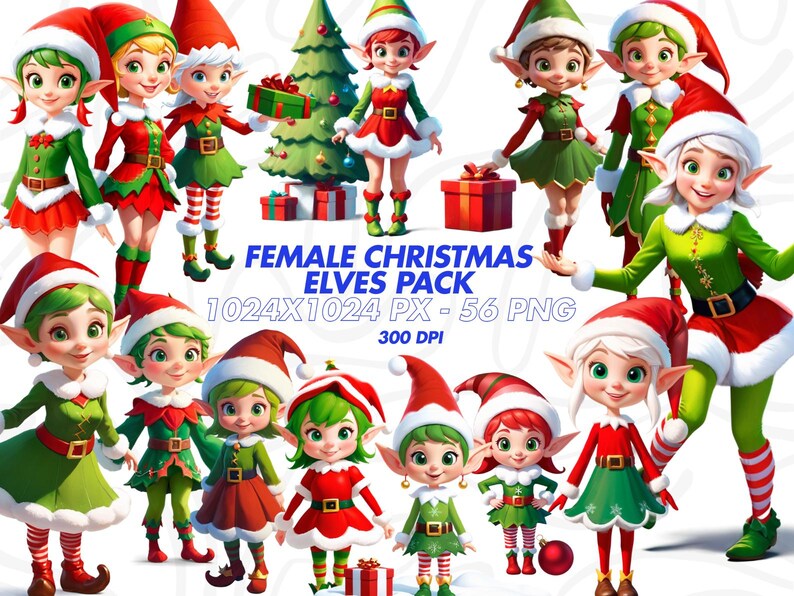 Female Christmas Elves Clipart Bundle PNG – Festive Holiday Elf Designs ...
