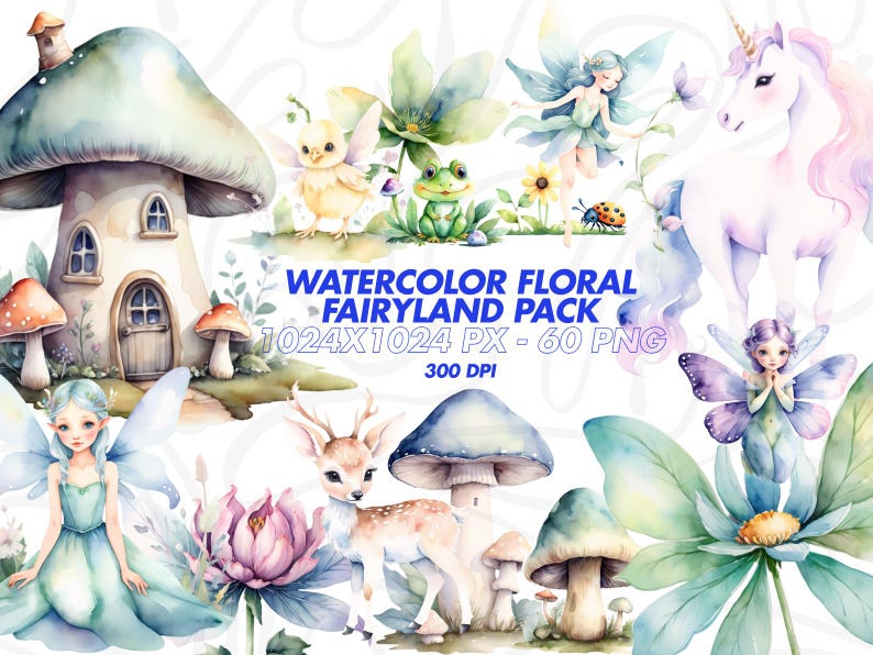 Watercolor Fairy Clipart, Cute Fairy Garden Clipart, Watercolor Floral ...