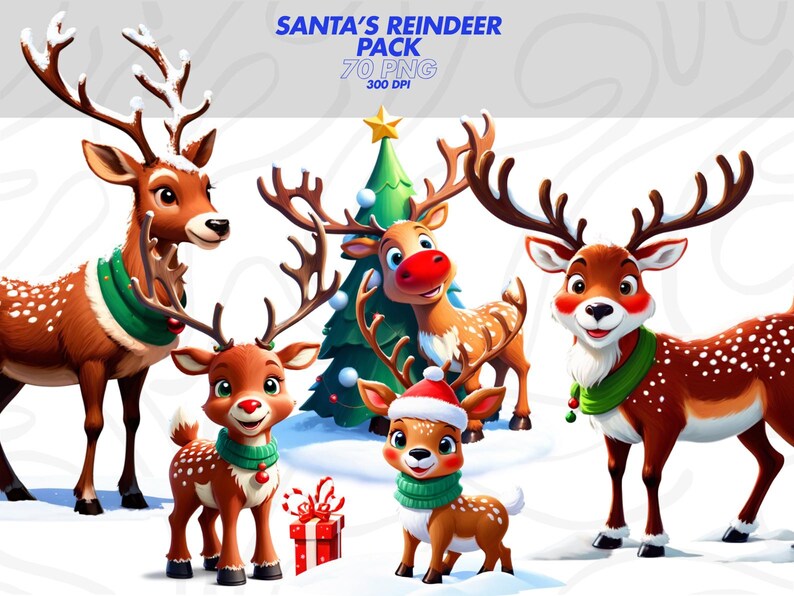 Santa's Reindeer PNG Clipart Set, Cute Christmas Deer, Watercolor Santa ...