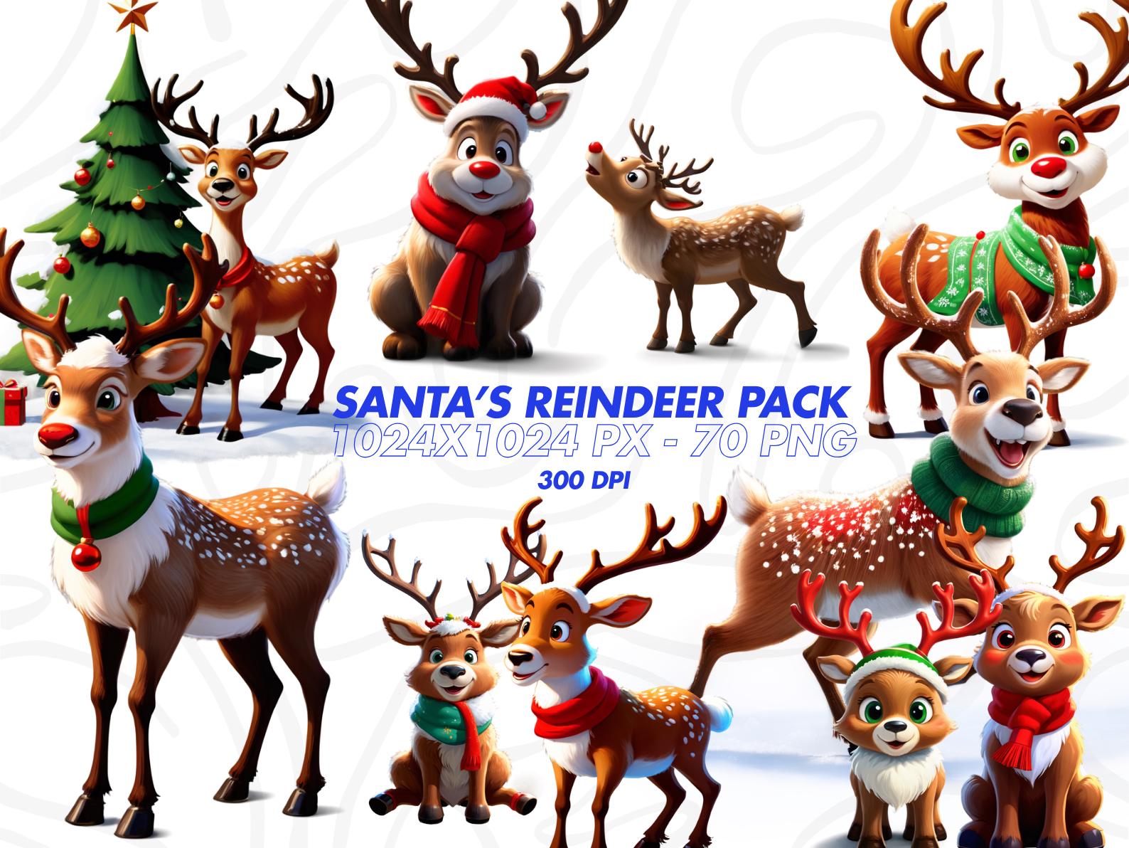 Santa's Reindeer PNG Clipart Set, Cute Christmas Deer, Watercolor Santa ...