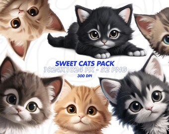 Happy Cats Clipart, My Sweet Cats Clipart Bundle, Cute Cat PNG, Kitten ...