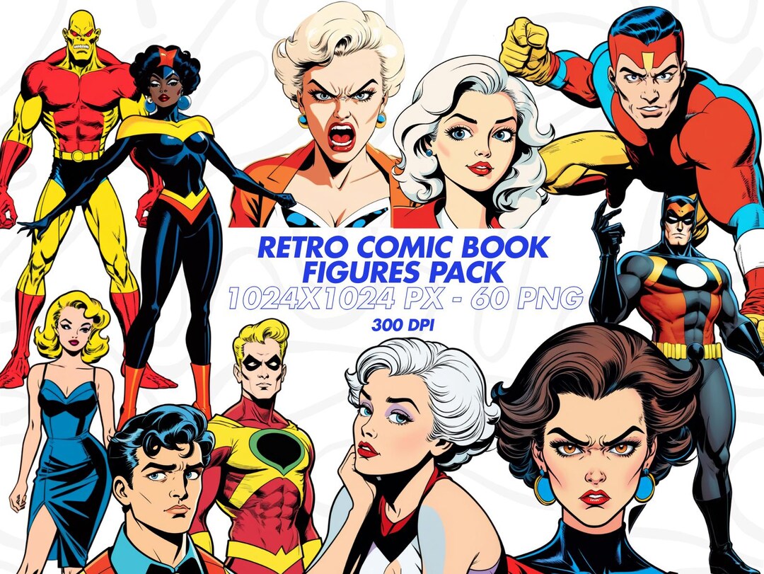 60 Retro Comic Style Figures PNG Bundle, Retro Png, Comic Book Figures ...