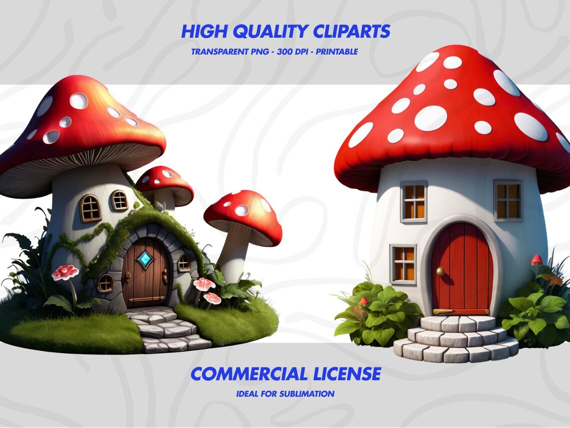 Mushroom Fairy Houses Clipart - 60 PNG Enchanting House Graphics, Fairy ...