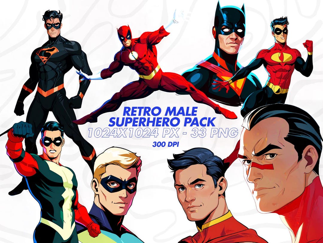 Retro Male Superhero Clipart, Superheroes Clipart, Instant Download ...