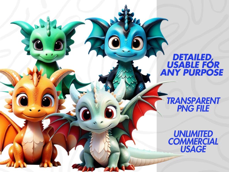 Cute Baby Dragons Clipart PNG Set for Crafts, Sublimation, Fantasy Art ...