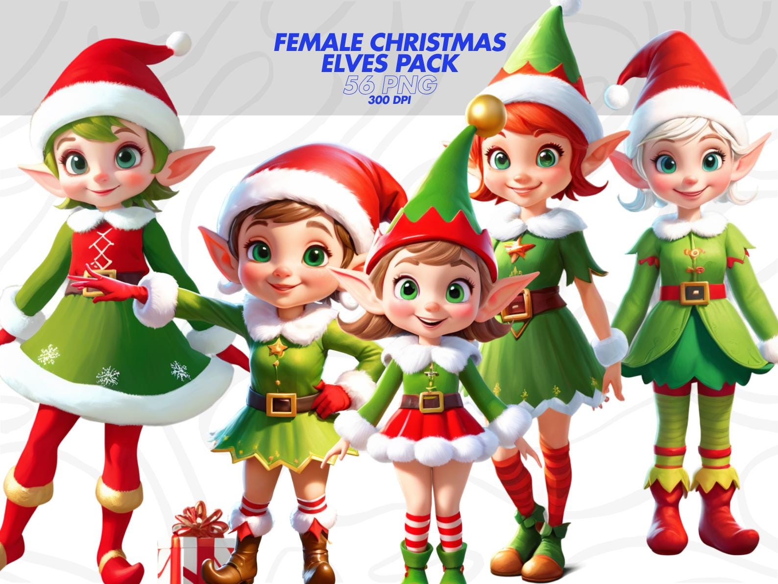 Female Christmas Elves Clipart Bundle PNG – Festive Holiday Elf Designs ...
