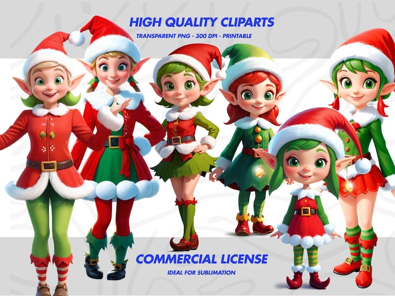 Female Christmas Elves Clipart Bundle PNG – Festive Holiday Elf Designs ...