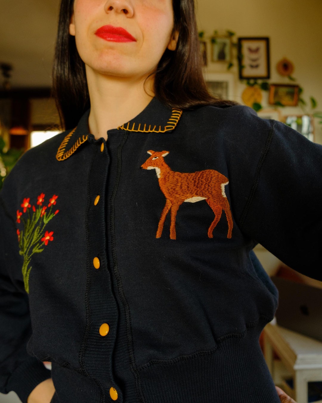Hand Embroidered Deer and Flower Vintage-inspired Buttondown Sweater - Etsy