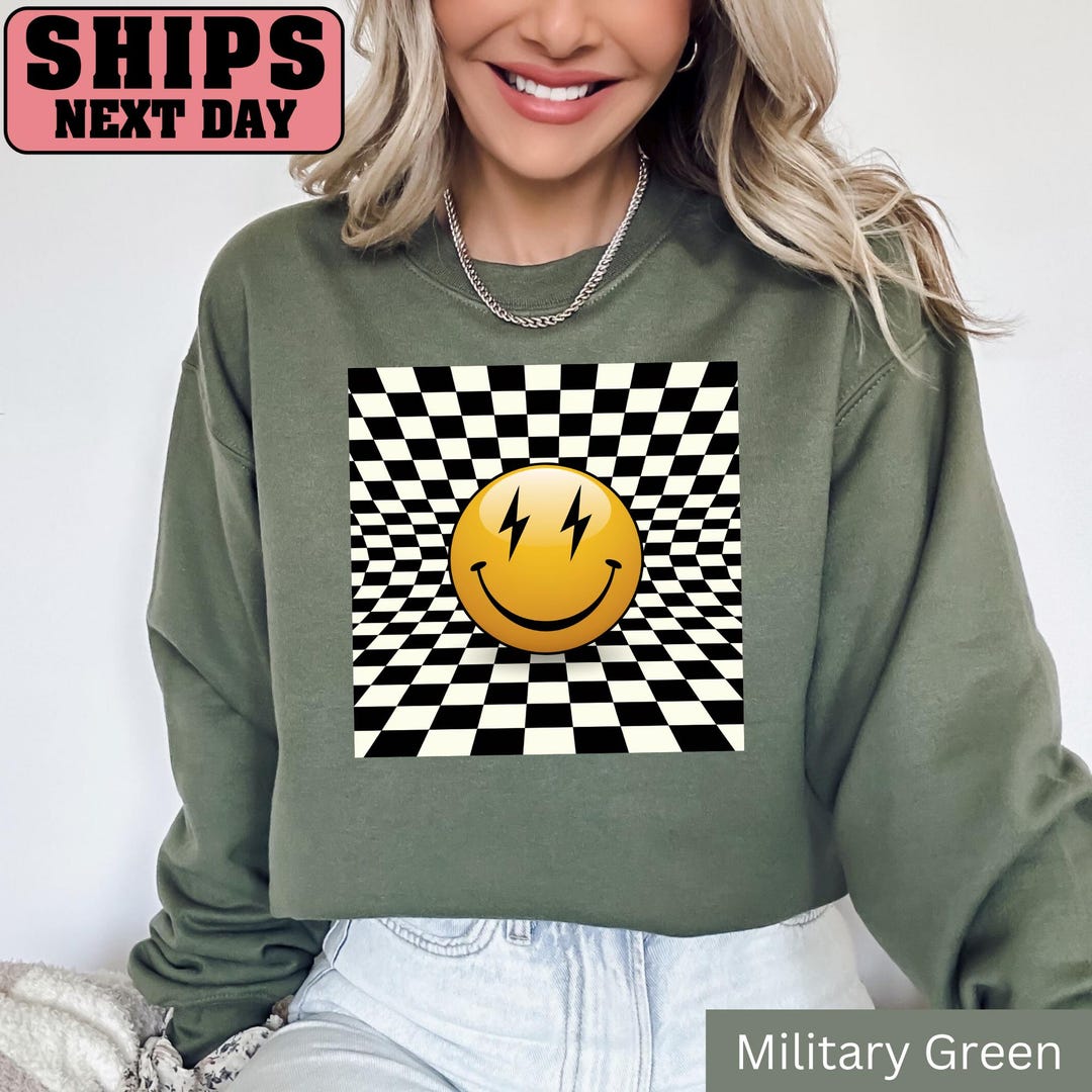 Checkered Pattern Smile Face Sweater, Retro Smiley Face Pullover, Happy ...