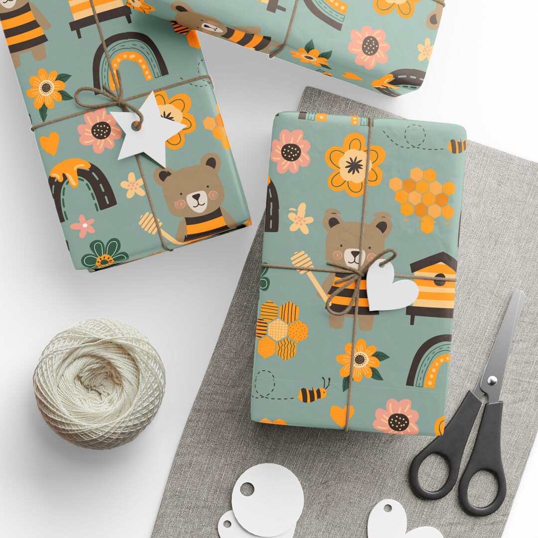 Wrapping Papers Cheerful Bears, Honey, Bees, Hives, Flowers Gift Wrap ...
