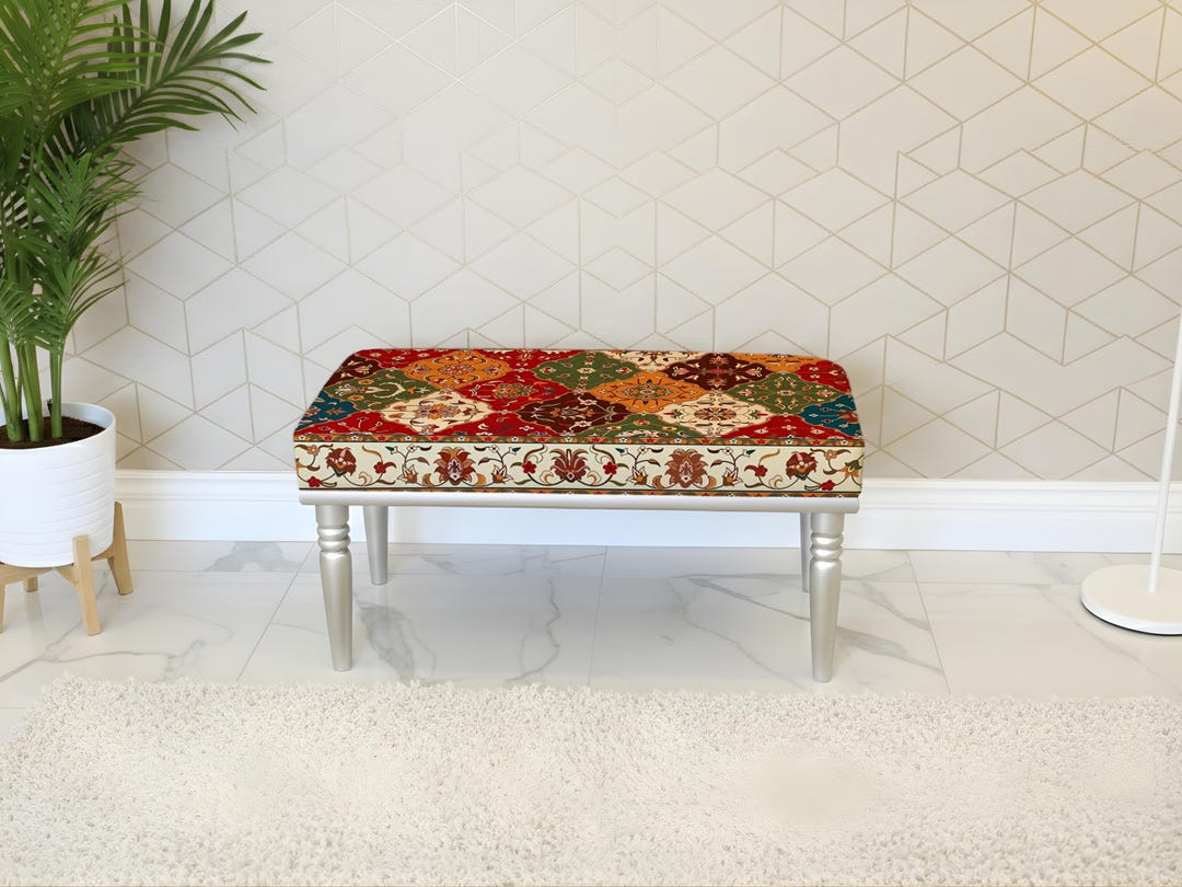 Classy Printed Seat, Wood Bench, Bench for Bedroom, Ottoman Chair, Boho ...