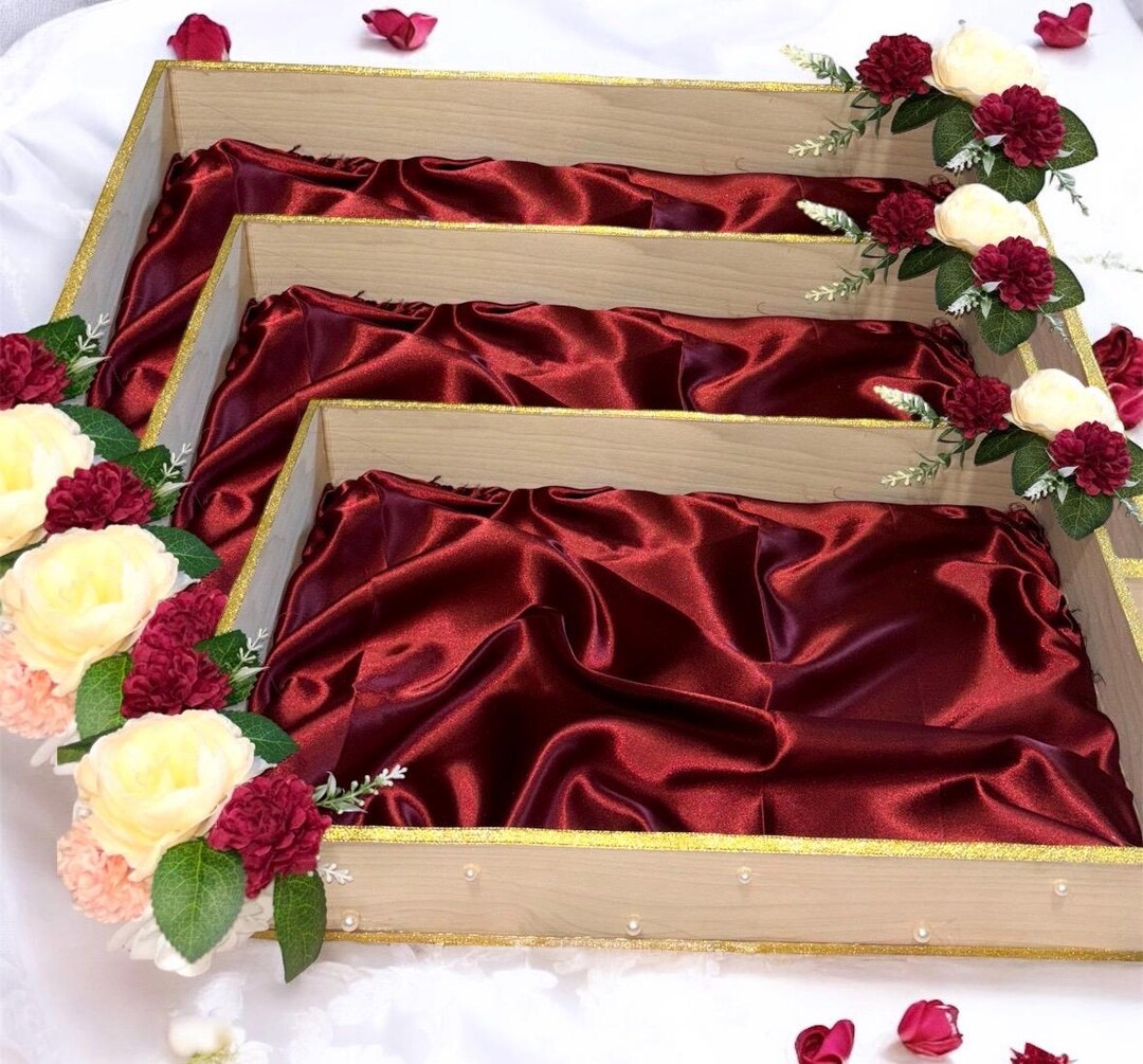 Burgundy Satin Wedding Tray: Floral Pearl Bridal Thaal - Etsy