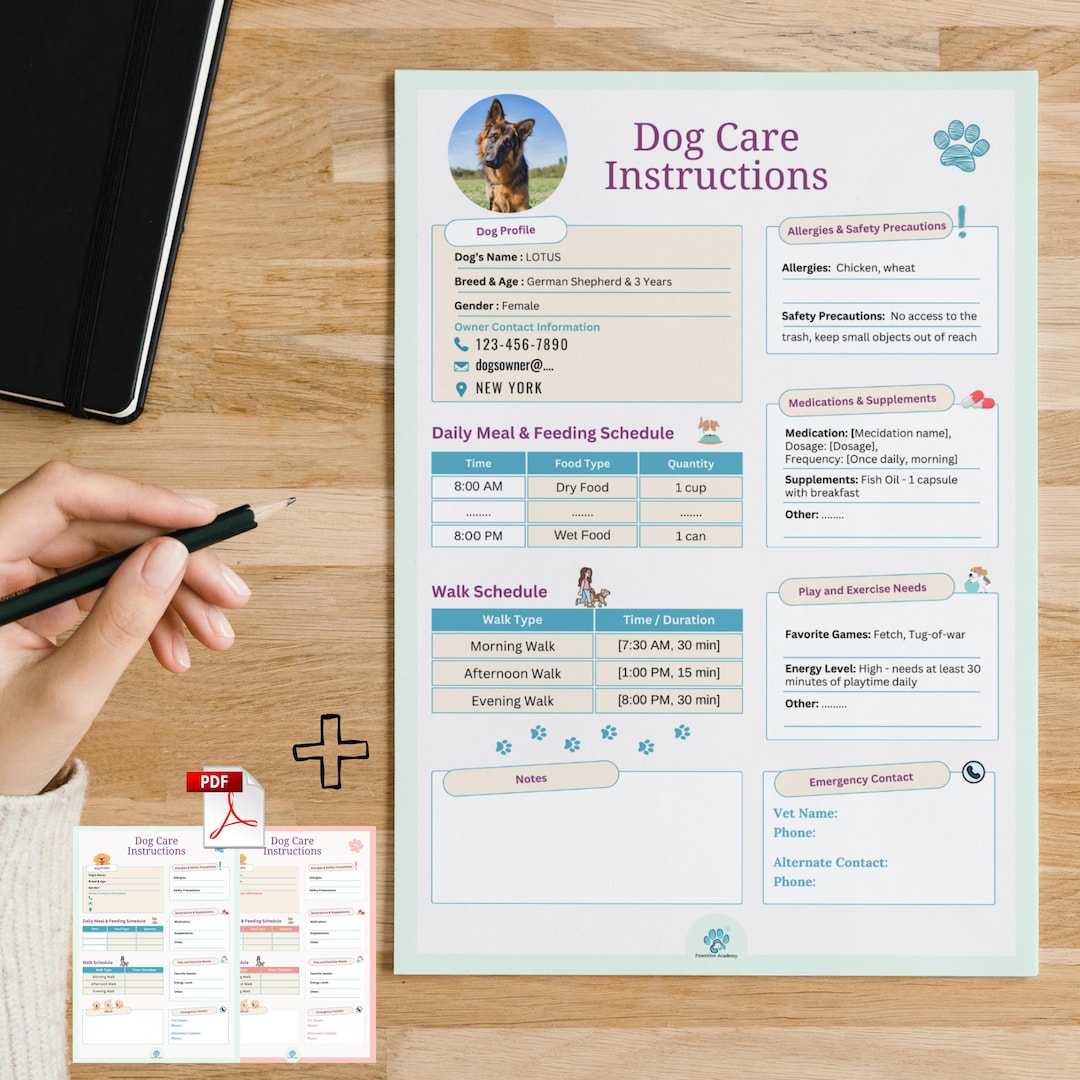 Editable Dog Care Instruction Sheet: Pet Sitter Template (canva & PDF ...