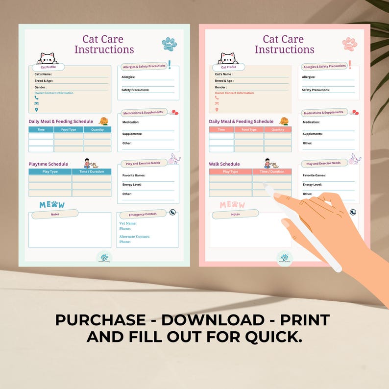 Printable Cat Sitter Forms | Care Instructions, Check-in Log & Report ...
