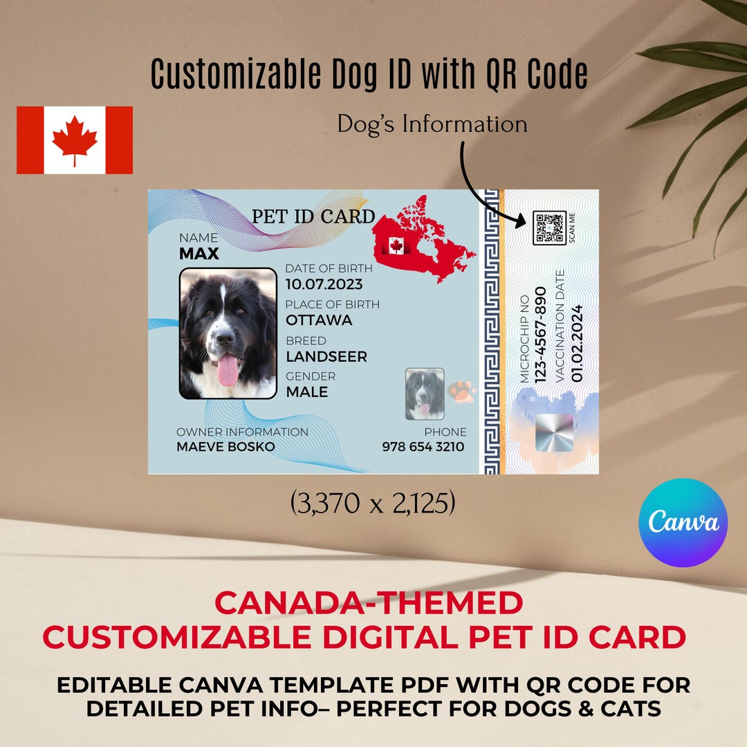 Canada Pet ID Card: Editable QR Code Canva Template (PDF) - Etsy