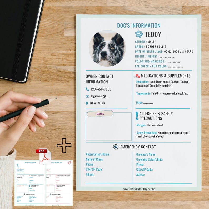 Printable & Editable Dog Info Sheet - Digital Emergency Record for Pet ...
