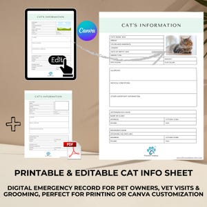 Printable & Editable Cat Info Sheet – Digital Emergency Record for Pet ...