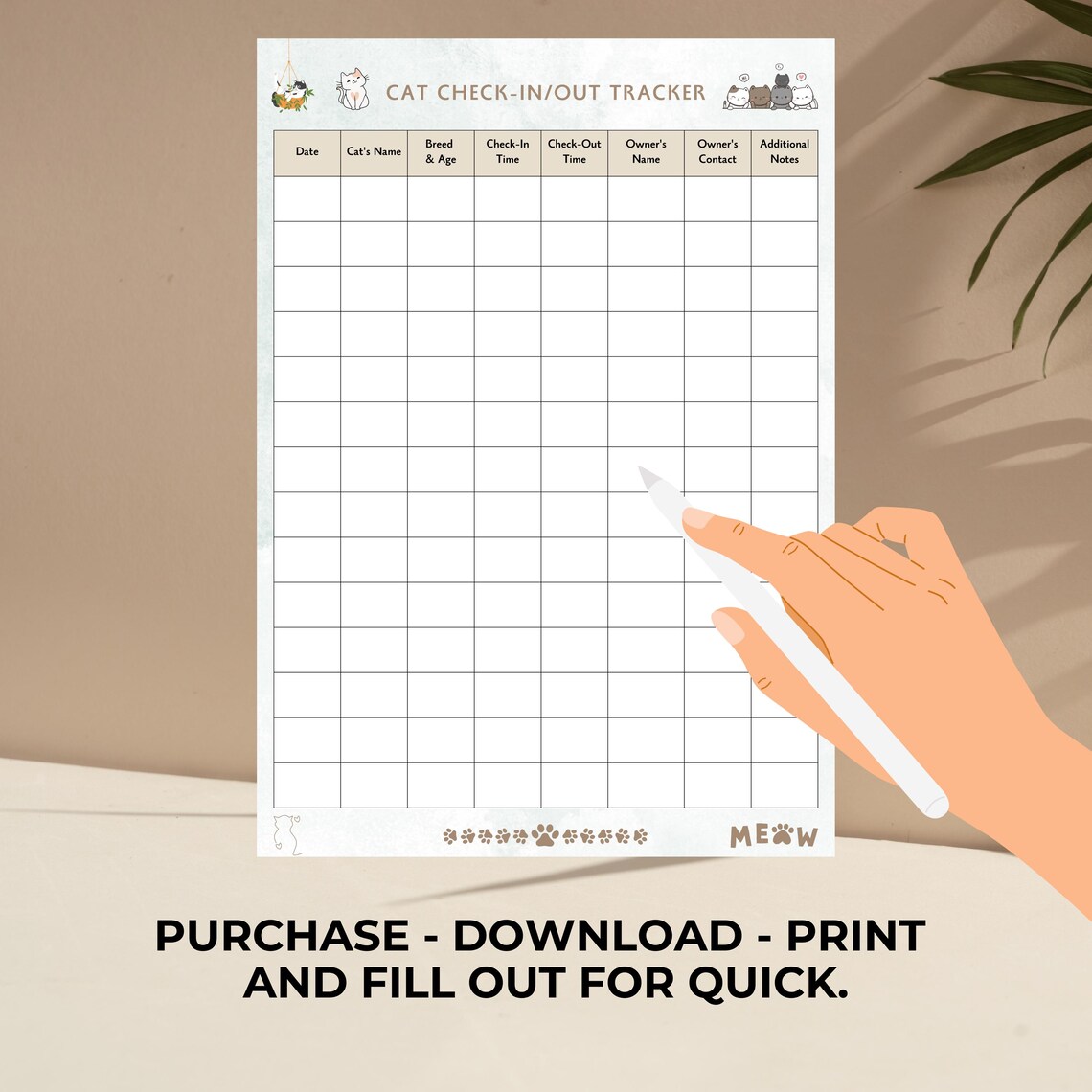 Pet Check-in/out Tracker Printable PDF – Cat & Dog Care Log for Pet ...