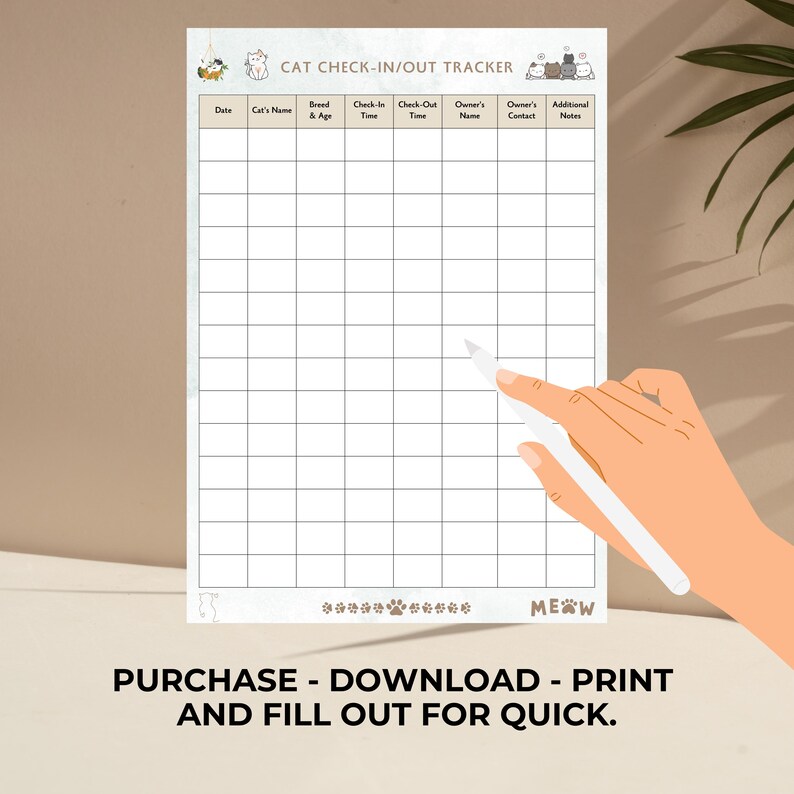 Pet Check-in/out Tracker Printable PDF – Cat & Dog Care Log for Pet ...