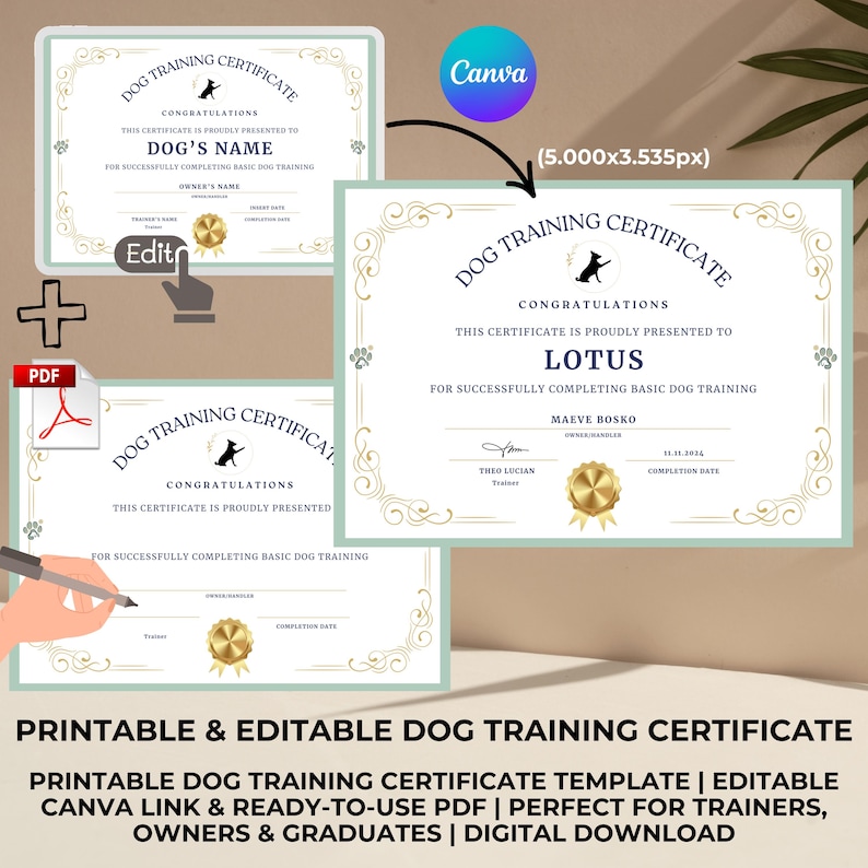 Printable Dog Training Certificate Template | Editable Canva Link & Ready-to-use PDF | Perfect ...