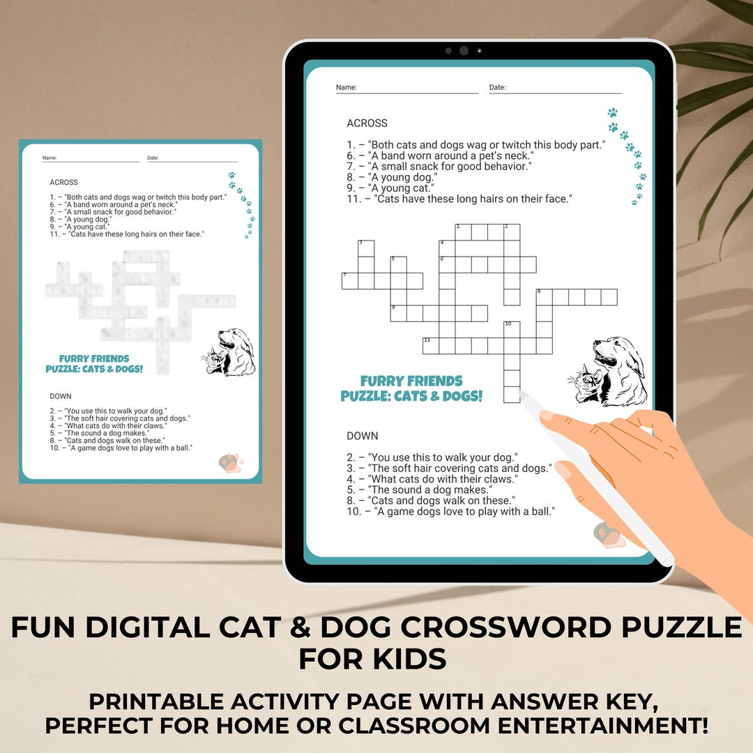 Fun Digital Cat & Dog Crossword Puzzle for Kids - Printable Activity ...