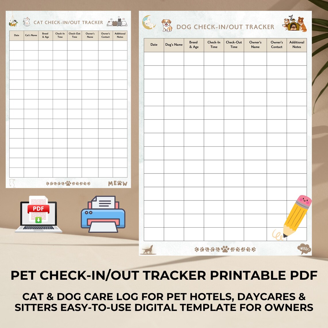 Pet Check-in/out Tracker Printable PDF – Cat & Dog Care Log for Pet ...