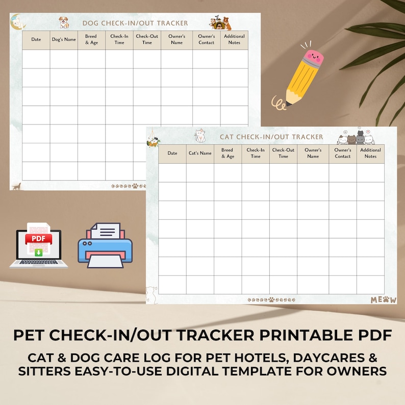 Printable Pet Care Log | Cat & Dog Check-in/out Daily Tracker (PDF) - Etsy