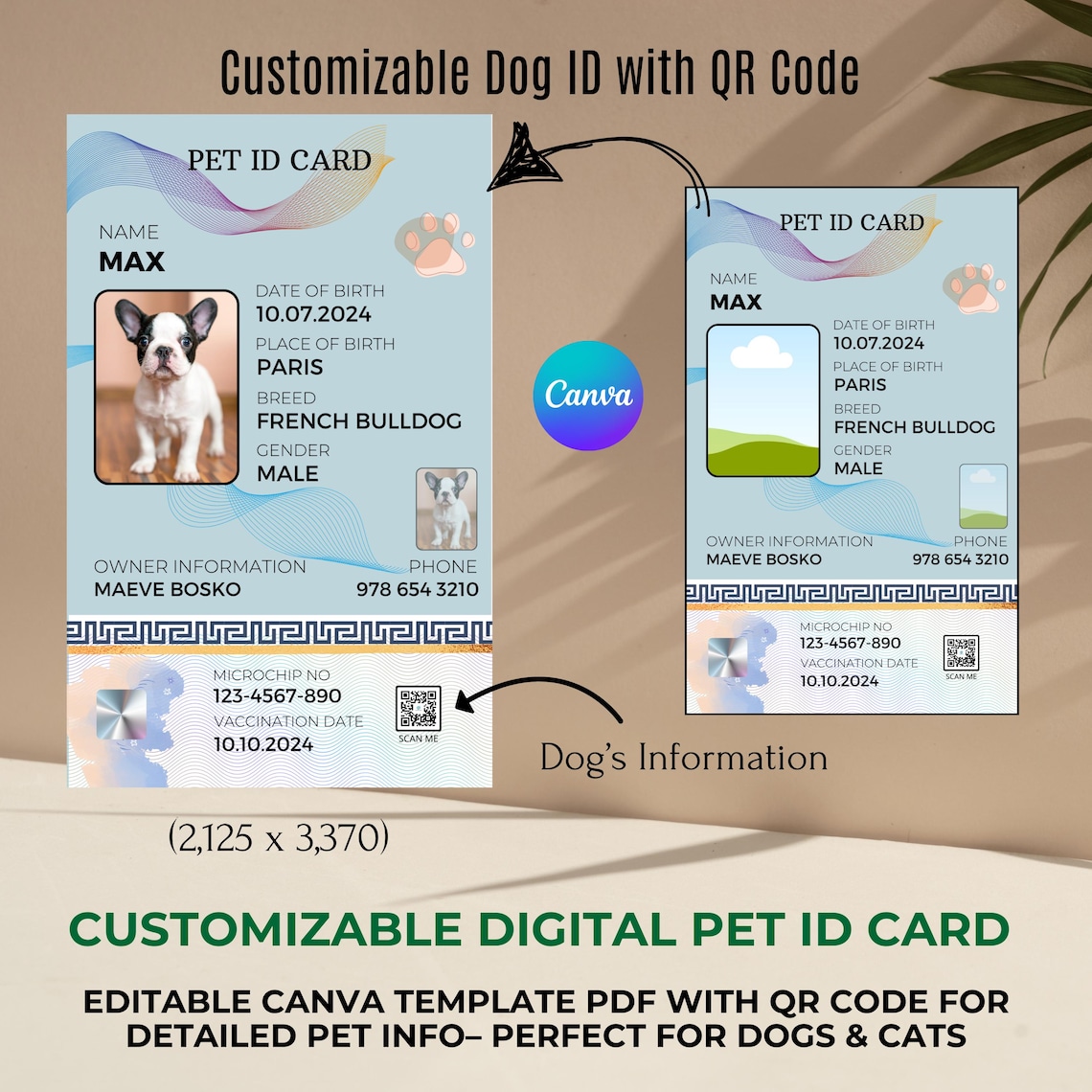 Custom Digital Pet ID Card Template With QR Code - Editable Canva PDF ...