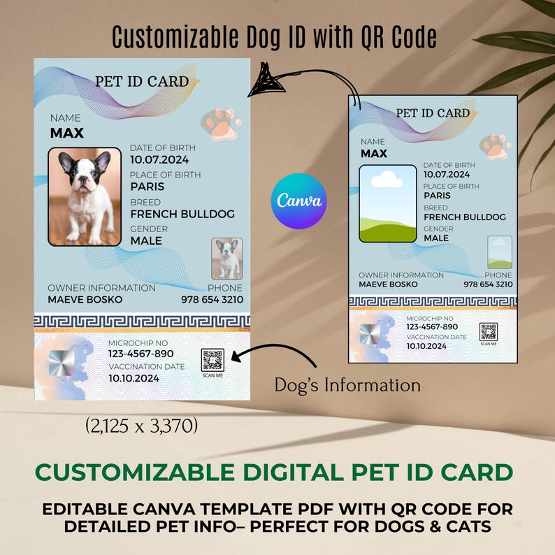 Custom Digital Pet ID Card Template With QR Code - Editable Canva PDF ...