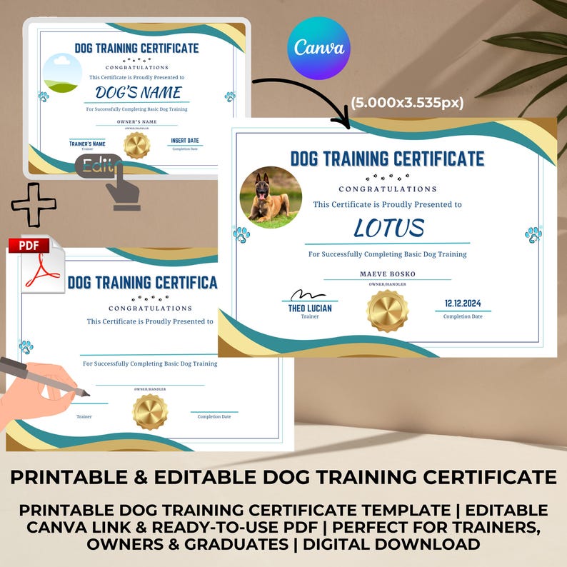 Printable Dog Training Certificate Template With Photo Option | Editable Canva Link & Ready-to ...