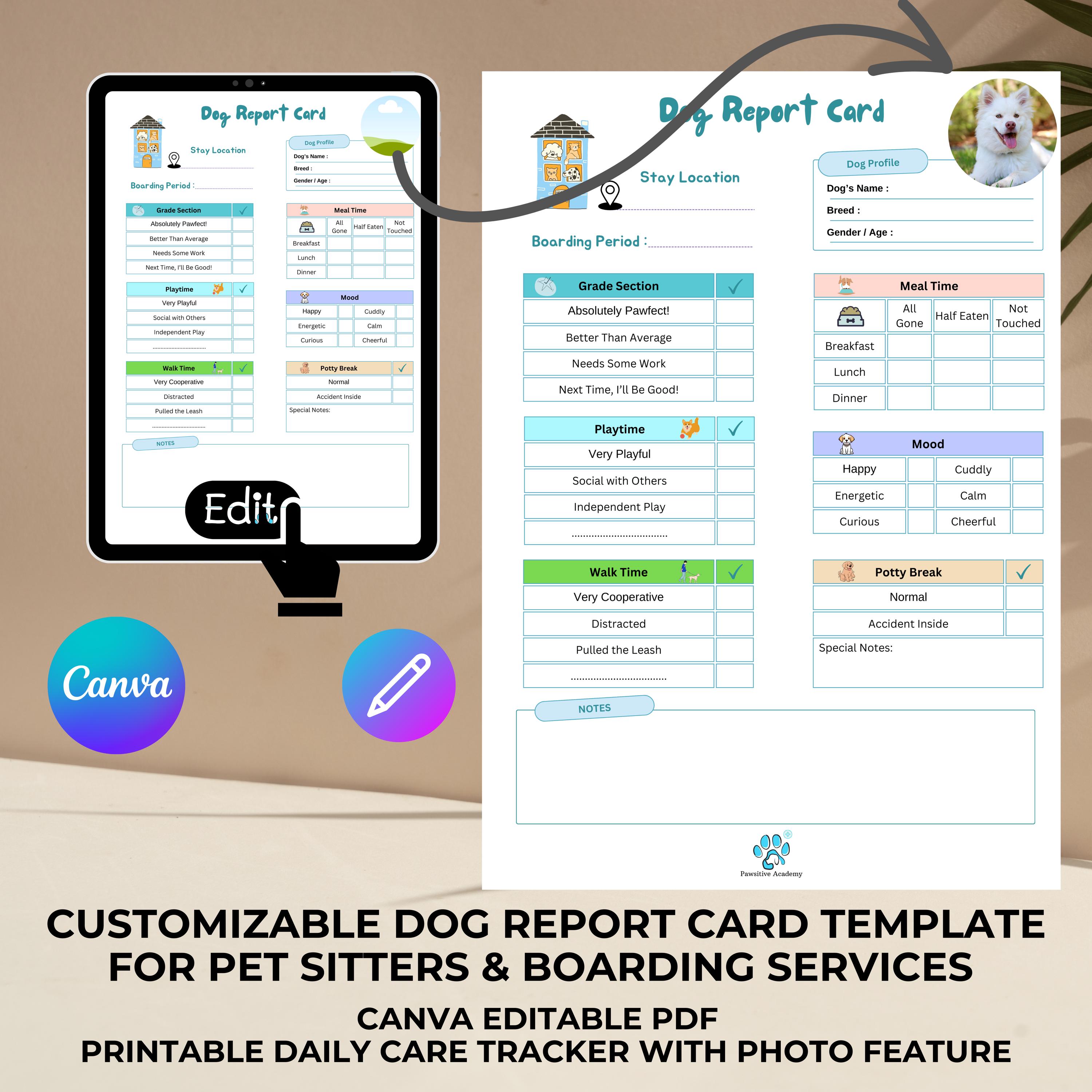 Dog Report Card Template: Pet Sitter Daily Care Tracker (canva Editable ...