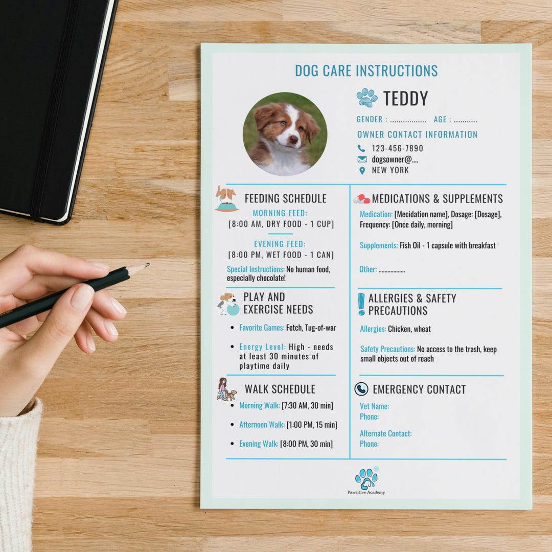 Editable Dog Care Instruction Sheet: Pet Sitter Template (digital ...