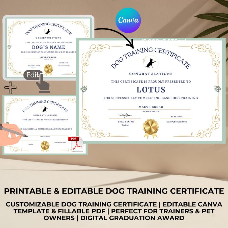 Printable Dog Training Certificate | Editable Puppy Graduation Keepsake ...