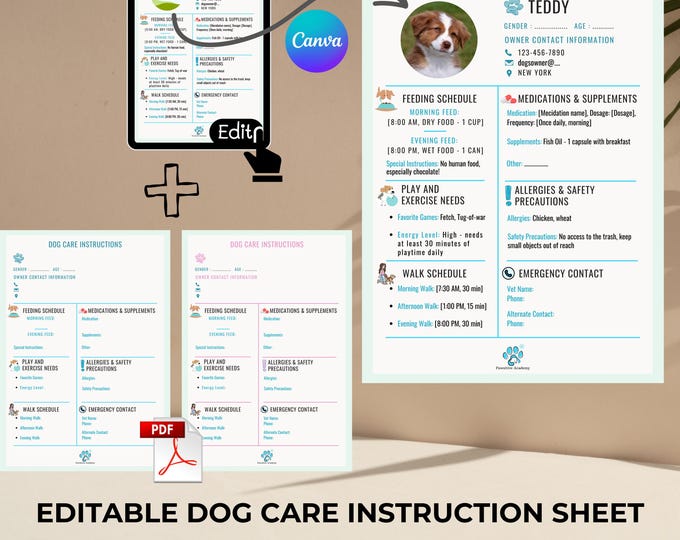 Pet Information Sheet-dog Care Sheet- Dogcare Business- Dog Care ...